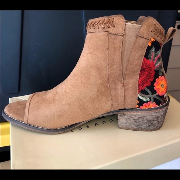 Shoes | Camel Faux Suede Floral Embroidered Open Booties | Poshmark
